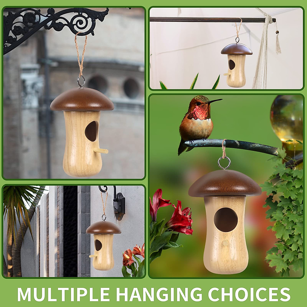 Hummingbird House,2023 New Mushroom Wooden Hummingbird Houses for Outside for Nesting, Gardening Gifts,Home Garden Decoration,3 Pack