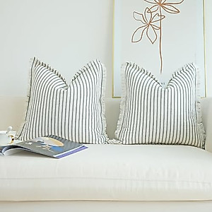 JOJUSIS Pack of 2 Striped Throw Pillow Covers with Fringe for Sofa Couch Bedroom Farmhouse Pillowcase 18 x 18 Inch Black