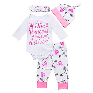 FOCUSNORM 4 pcs Baby Girls Pants Set Newborn Infant Toddler Letter Romper Arrow Heart Pants Hats Headband Clothes Pink