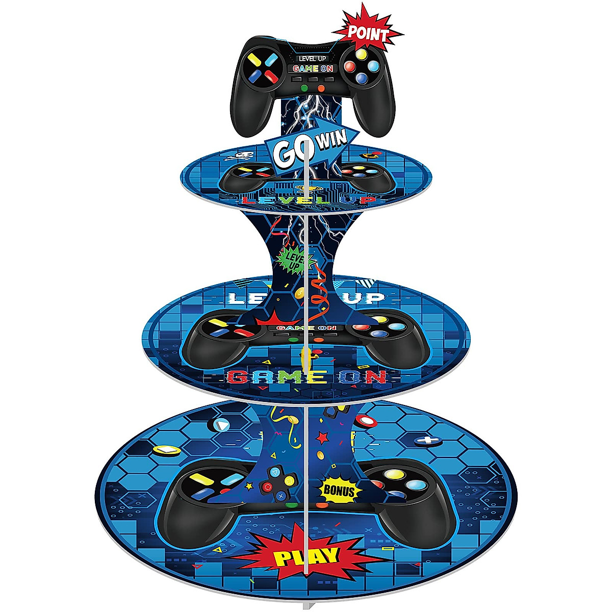 3-Tier Video Game Cupcake Stand Reusable Mini Game Theme Cake Stand Cardboard Gamer Cupcake Holder Stand for Birthday Theme Party Supplies Dessert Stand (Blue, Classic Style)