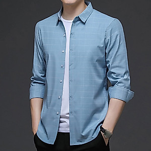 Men Casual Striped Dress Shirt Plaid Lightweight Button Down Business Shirts Patchwork Slim Long Sleeve Shirt (Blue 2,185)