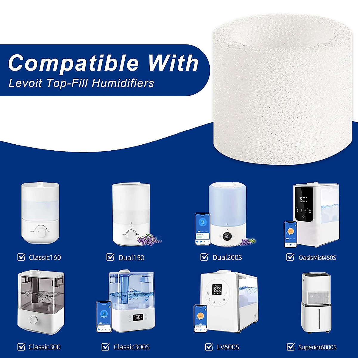 Humidifier Replacement Filter Compatible with Levoit Dual150 Dual200S Classic300 Classic300S LV600S OasisMist450S OasisMist600S Superior 6000S Top-Fill Humidifiers - 10 Filters and 2 Clean Fish