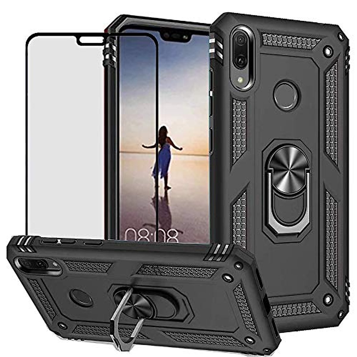 DuoLide for Huawei Y9 2019 / Enjoy 9 Plus Case （Not for Y9 Prime 2019） with Tempered Glass Screen Protector,Hybrid Heavy Duty Dual Layer Anti-Scratch Shockproof Defender Kickstand Case, Black
