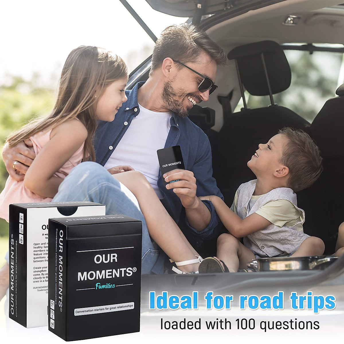 OUR MOMENTS Families: 100 Conversation Starter Cards for Families and Kids - Relationship Building - Car Travel, Road Trip & Card Game for Healthy Loving Family - Questions for Family Activities