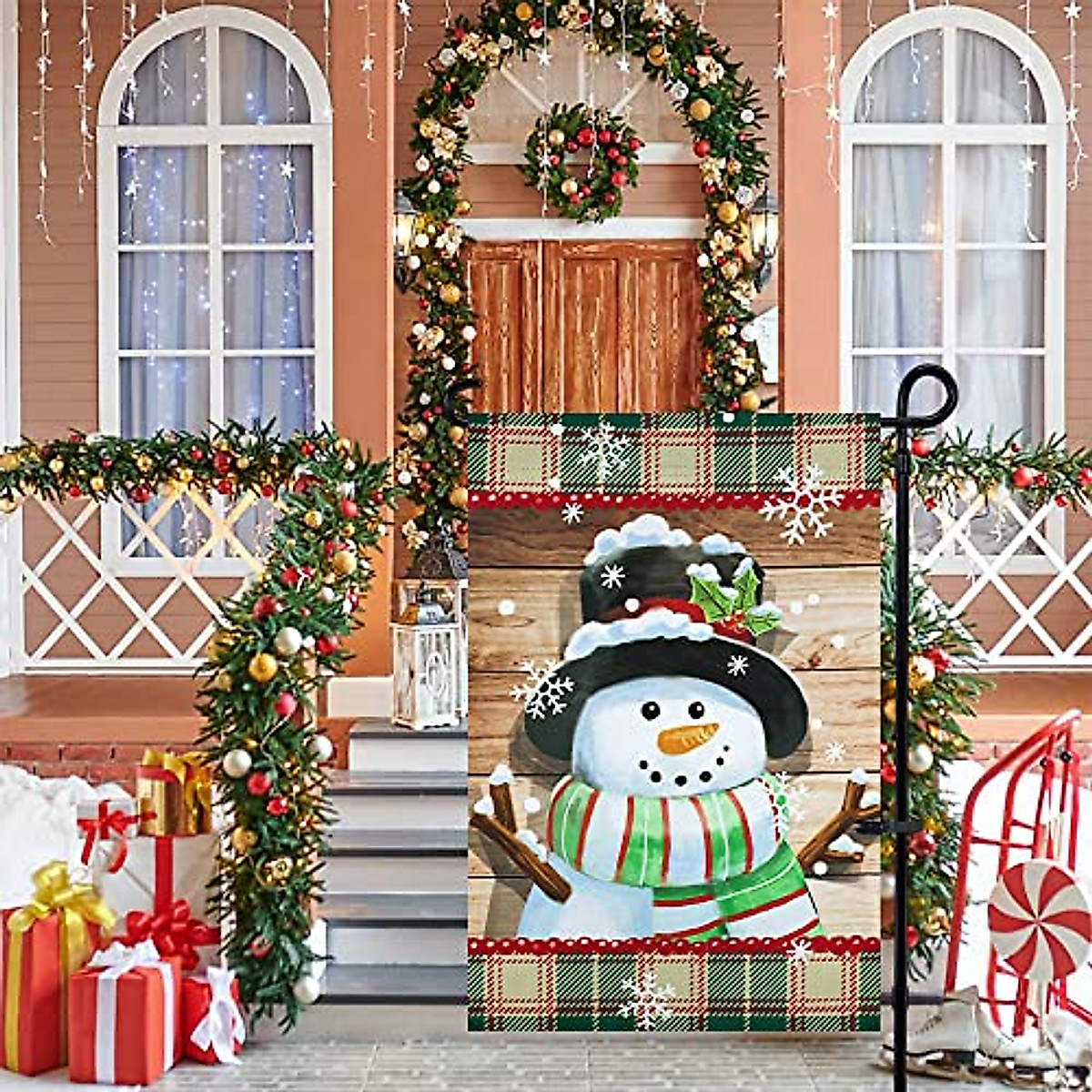 ESTTOP Snowman Christmas Garden Flag, Green Striped Scarf & Holly Polyester Vertical Double Sided 12.5x18 Inch Yard Flag, Outdoor Christmas Decorations, Farmhouse Decor for Xmas