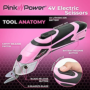 Pink Power Electric Fabric Scissors Box Cutter for Crafts, Sewing, Cardboard, Carpet, & Scrapbooking - Heavy Duty Professional Shears Cutting Tool - Automatic Cordless Electric Scissors Fabric Cutter