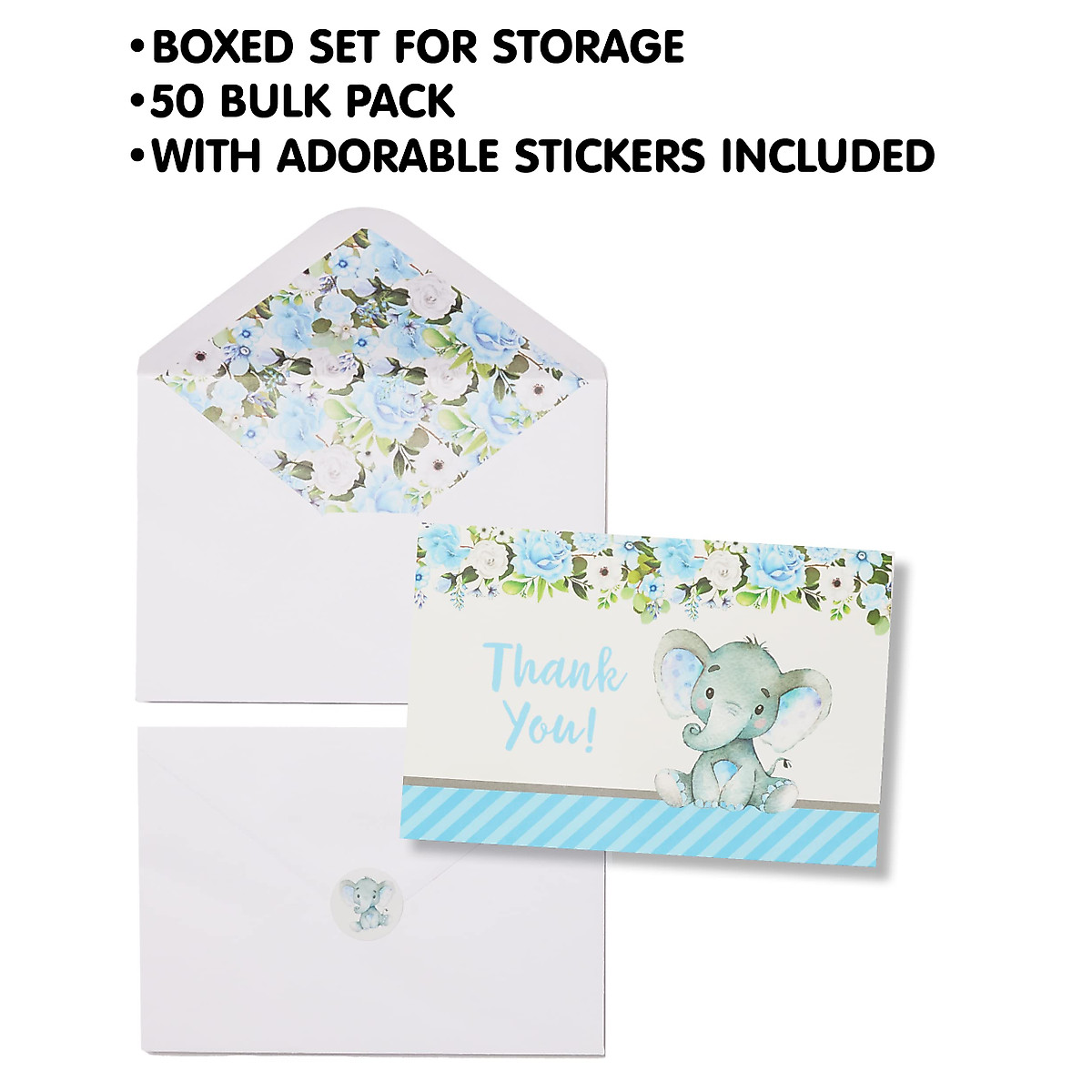 All Ewired Up 50 Blue Elephant Boy Baby Shower Birthday Thank You Cards with Designed Envelope Interior and Matching Seal
