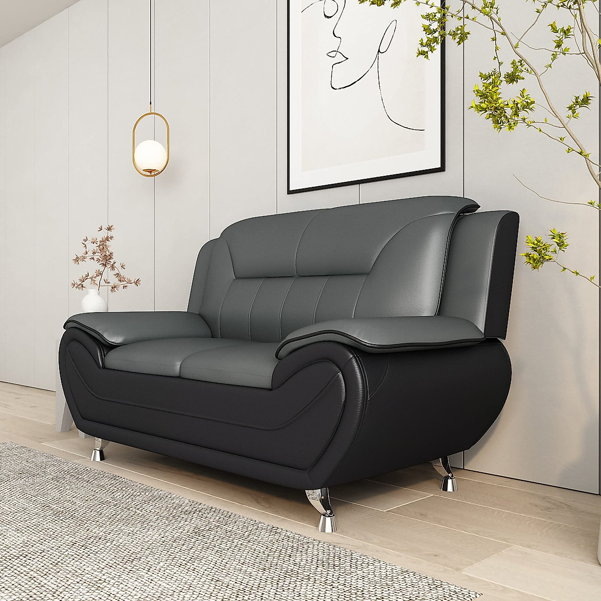 Container Furniture Direct Modern Style Faux Leather Loveseat with Extra Comfortable Pillow Top Armrests Ideal for Living Room, Bedroom or Home Office Couch, 61.3’’ Wide, Grey/Black