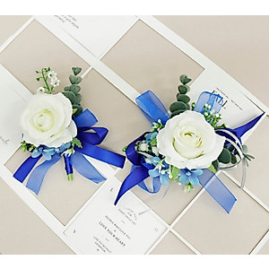 MAFELOE Wrist Corsage and Boutonniere Set Artificial Rose Flowers Accessories for Groom Bride Groomsmen Bridesmaids Wedding Party Prom Suit - Blue White 2 Pieces