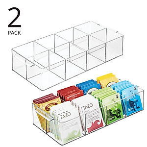 mDesign Plastic Condiment Organizer and Tea Bag Holder - 8-Compartment Kitchen Pantry/Countertop Storage Caddy - Divided Chip, Snack, Oatmeal Packet Holder - Lumiere Collection - 2 Pack, Clear