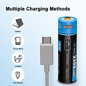 Kratax Rechargeable AA Batteries USB, 3300mWh Lithium USB Double A Batteries, 1.5V Constant Outpout, 4-in-1 USB Charging Cable, LED Charge Indicator, Over 1100 Cycles for Toys, Xbox Controller-4 Pack