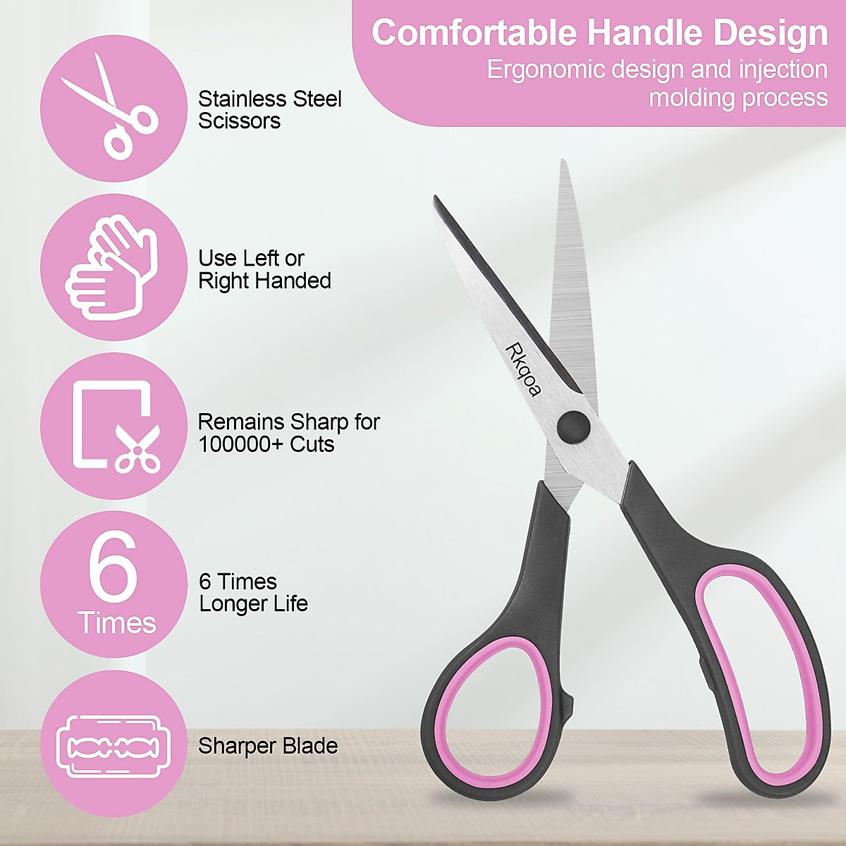 Black-Pink Scissors Set, Rkqoa 8" Scissors All Purpose 6 Pack - Comfort-Grip Sharp Scissors for Office School Sewing Craft Supplies, Classroom Must have, Teacher/Class Scissor, Right/Left Handles