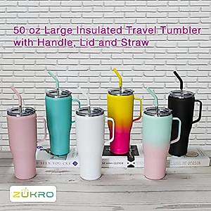 Zukro 50 oz Mug Tumbler With Handle And Straw, Vacuum Insulated Stainless Steel Large Travel Water Cup with Lid,Fit in Cup Holder,No Sweat,Keep Drinks Cold Up To 30 Hours, Dishwasher Safe,Pink