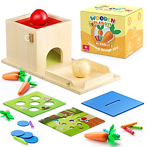 BRYSETEN 4-for-1 Montessori Toys for 1-2 Year Old Early Learning Toy for Baby 12-18 Months Object Permanence Box Christmas Birthday Gifts for Kids Sensory Education Wooden Toy for 1-3 Year Old Kids