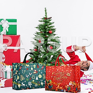 PARSUP 2PCS Giant Christmas Gift Bags, Heavy Duty Treat Tote Grocery Bags with Handles, Sewing Non-Woven Jumbo Bags for Gifts Wrapping Shopping, Xmas Party Supplies, 21.26"×15.7"×7.9"