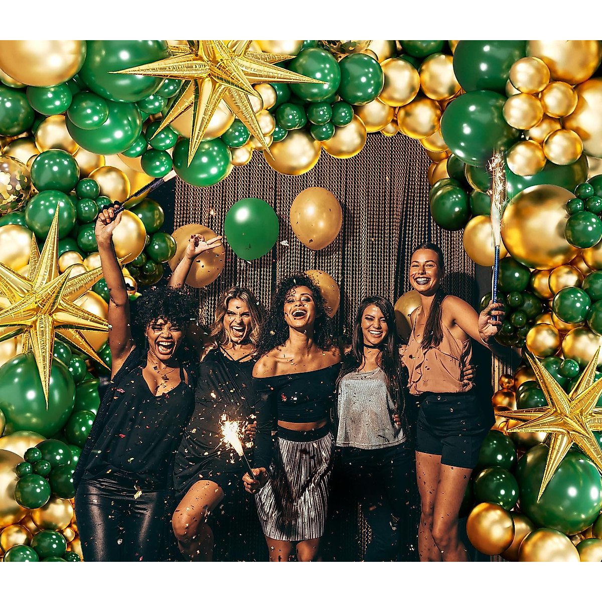 FOTIOMRG Green and Gold Balloon Arch Kit with 3pcs Star Balloon, Emerald Forest Dark Green Balloons Metallic Gold Balloons for Birthday Baby Shower Wedding New Years Party Decorations