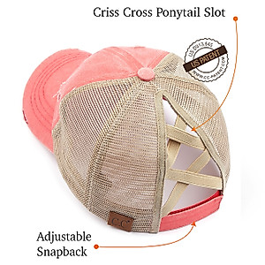 C.C Exclusives Washed Distressed Cotton Denim Criss-Cross Ponytail Hat Baseball Cap Bundle Hair Tie (BT-780)(BT-791) (A Elastic Band-Coral)