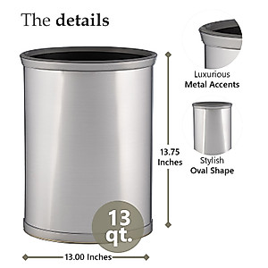 Kraftware Brushed Chrome Waste Basket Grey Bumper, MADE IN U.S.A, 13 Quart