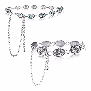 Junkin 2 Pcs Women Concho Western Chain Belts Turquoise Chain Belts Antique Western Waist Belts Metal Belt