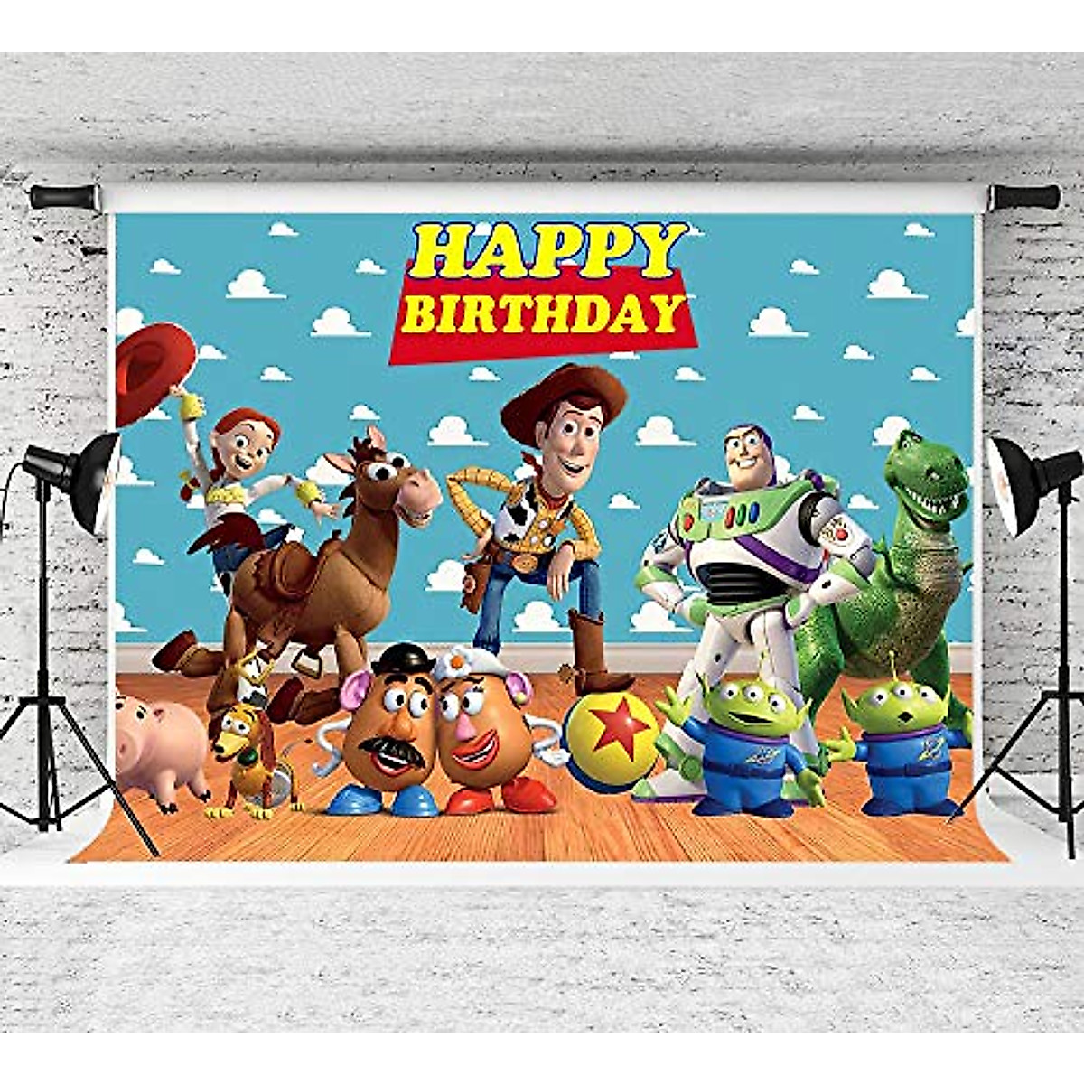 Cartoon Toy Story Birthday Party Theme Photography Backdrops Blue Sky White Clouds Banner Kids Birthday Party Photo Background Cake Table Decoration Supplies Studio Booth Props 5x3ft Vinyl
