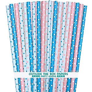 Gender Reveal Paper Straws - Light Blue Pink White - Polka Dot - 7.75 Inches - 100 Pack - Outside the Box Papers Brand