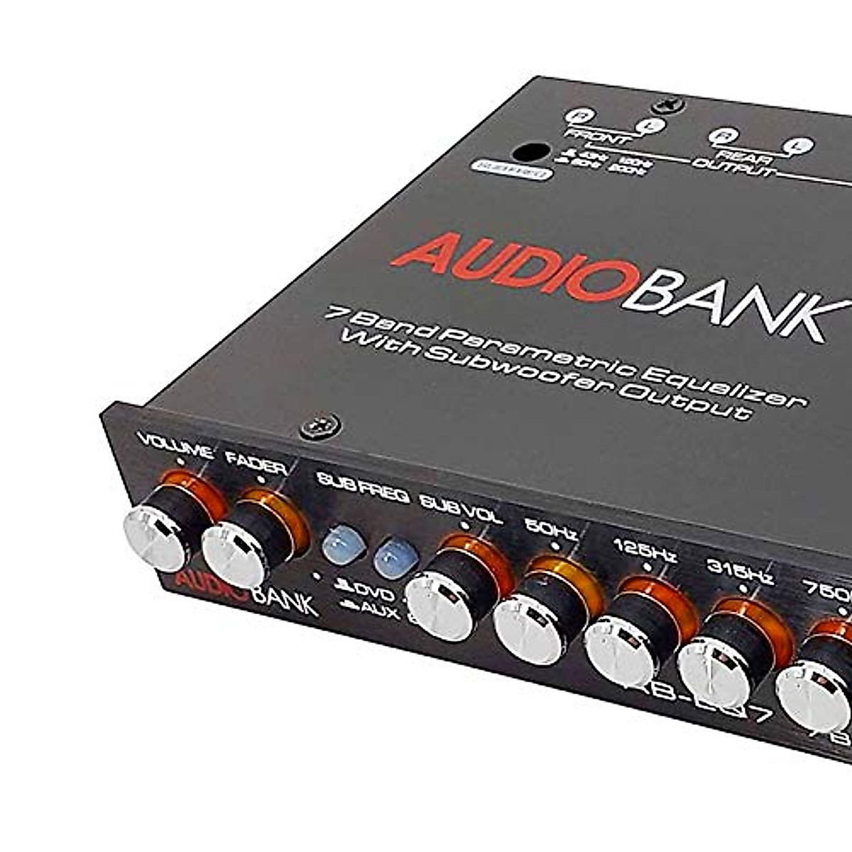 Audiobank EQ7 1/2 Din 7 Band Car Audio Equalizer EQ w/Front, Rear/Frequency Adjustable /3 RCA Input for Portable Devices + Subwoofer Output Built-in 43-120Hz, 60-200Hz