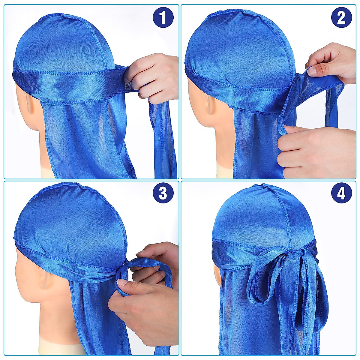 4 Pcs Kids Satin Durags Head Wrap Silk Durag Cap with Long Tail Wide Strap 360 Waves Cap Toddler Durags for Boy Girls (Black, Wine Red, Blue, Camouflage Blue)