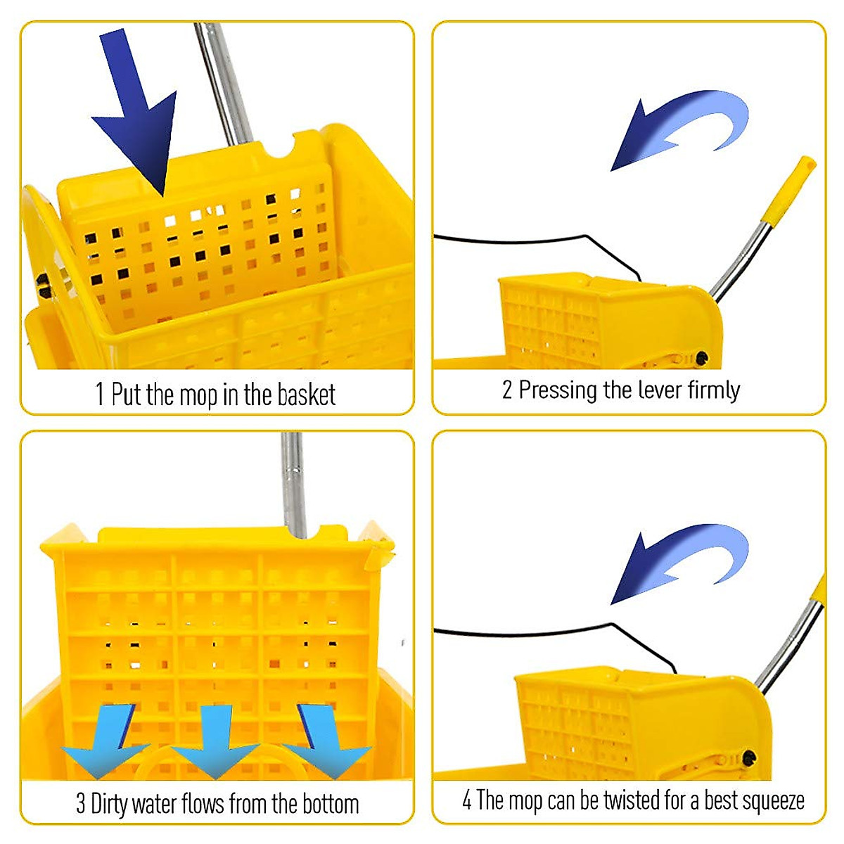 Mop Bucket with Wringer on Wheels, Commercial Mop Bucket with 20 Quarts Mop Bucket & Side Wringer Combo, Mop and Bucket with Wringer Set for Home (2PCS Yellow)