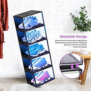 Shoe Storage Organizer for Closet, Foldable Shoe Boxes Rack 2 Pack, Clear Plastic Stackable Containers Bins Holder, Magnetic Sneaker Shelf for Sneakerheads with LED Lights (Black)