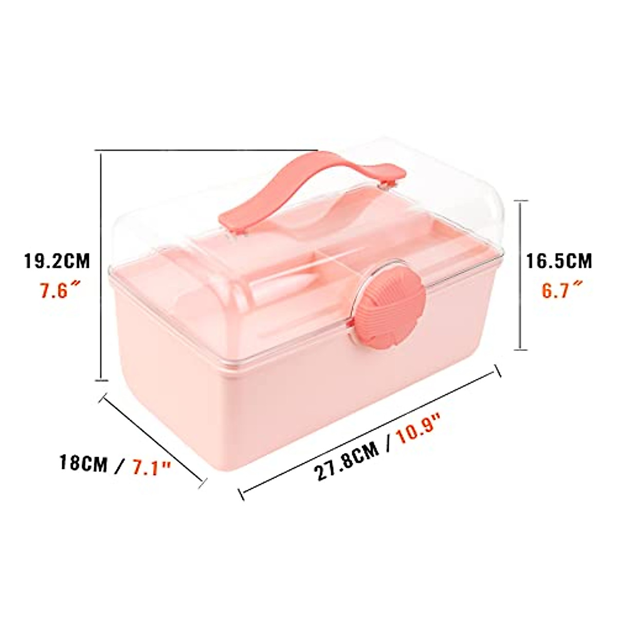 OSteed Craft Storage Organizer, Plastic Sewing Box Portable with Handle, Knob & Grid Tray for Art & Sewing Supply, Cosmetic and Medicine, Pink