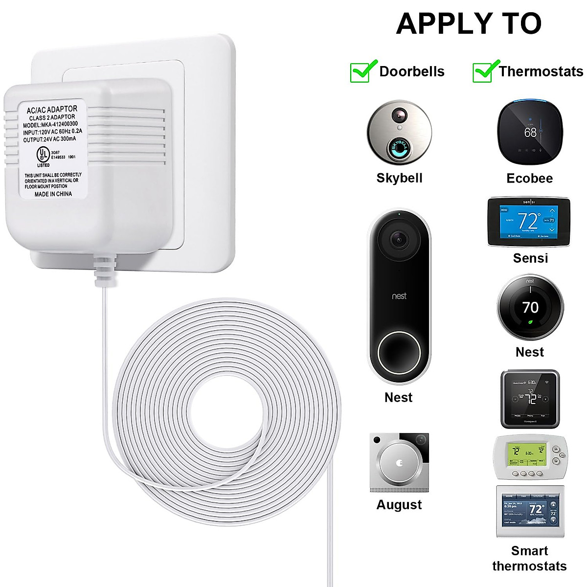 Hotop 2 Pack 24 Volt Transformer, 16.4FT Long C Wire Adapter Thermostats for Most Versions of Smart Thermostat and Ring Doorbell, Compatible with Nest Ecobee Sensi and Nest Skybell Eufy Wyze