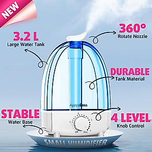 AyayaBoss Small Humidifiers for Bedroom, Ultrasonic Air Humidifiers for Home, 3.2L Cool Mist Humidifier, Auto Shut Off, 360° Nozzle for Single Room, Baby Room, Small House, Kids Nursery, Indoor Plant