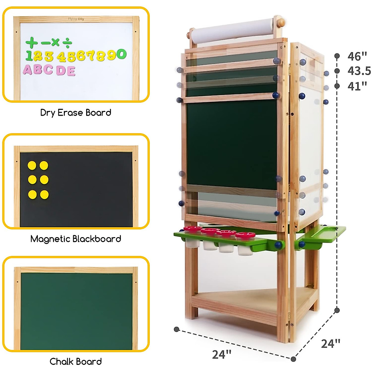 FLYING OLLY Deluxe Kids Art Easel(Solid Pinewood), Tri-Sided Toddler Easel w/Blackboard, Whiteboard& Chalkboard,1 Paper Roll, and Art Supplies(86-in-1 Set) for Toddler Kids 3-9 for Daycare, Kids Room