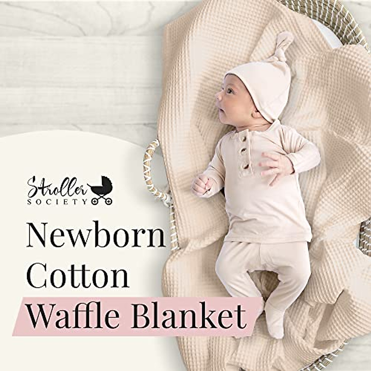 Stroller Society - Swaddles for Newborns & Toddlers, Soft Receiving Blankets Girl & Boy Can Use, Comfy Toddler Blanket & Newborn Swaddle, Cotton Waffle Blanket, Beige, 40 x 40 inches