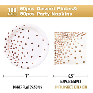 CENLBJ White and Rose Gold Paper Plates and Napkins-100 PCS-50 x 7''Dessert Plates & 50 x 6.5''Napkins,Gold Dots Paper Plates Party Supplies,for Birthday,Anniversary,All Occasions