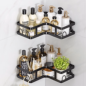 pavtner Corner Shower Caddy, Adhesive Stainless Steel Shower Shelf Shower Caddy, Corner Shower Shelves for Inside Shower, Shower Organizer Shelf With 8 hooks, Shower Storage Organizer Rack Black
