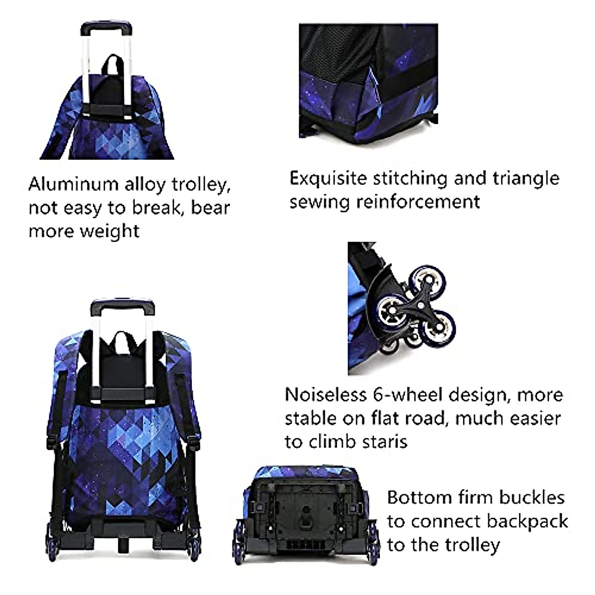 3Pcs Black Galaxy Rolling Backpacks for Boys Middle School Bags Trolley Elementary Bookbags on 6 Wheels