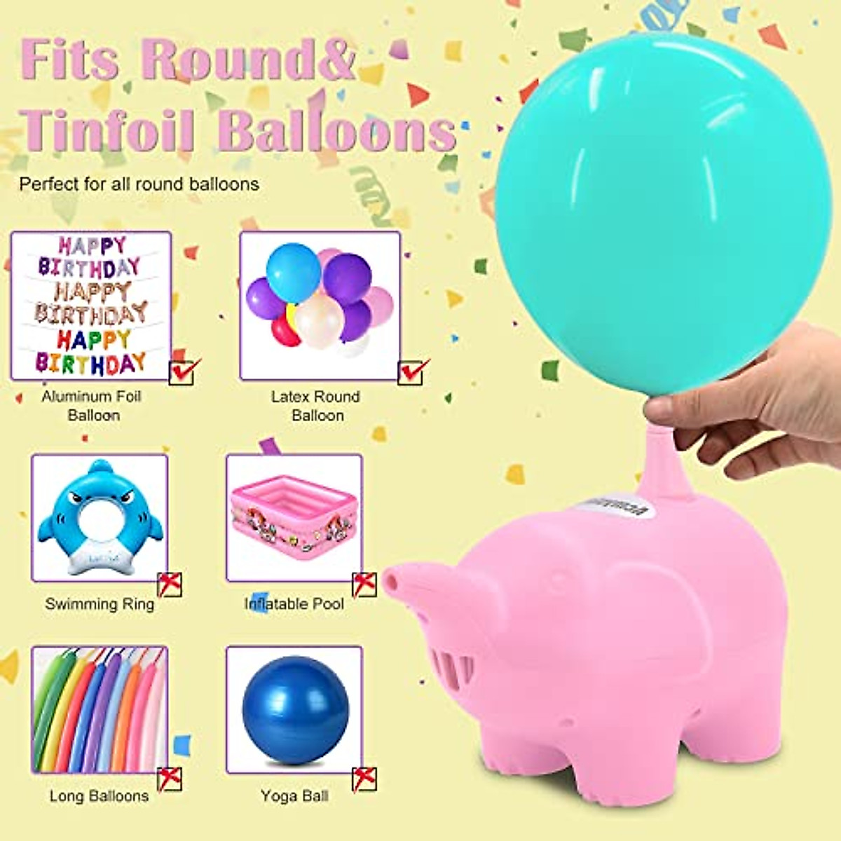 Balloon Pump Electric, Balloon Pump Kit 600W 110V Inflator Air Blower Cute Cartoon Elephant Portable Balloon Air Pump with Tying Tool Dot Glue for Party Wedding Christmas Ceremony Decoration (Pink)