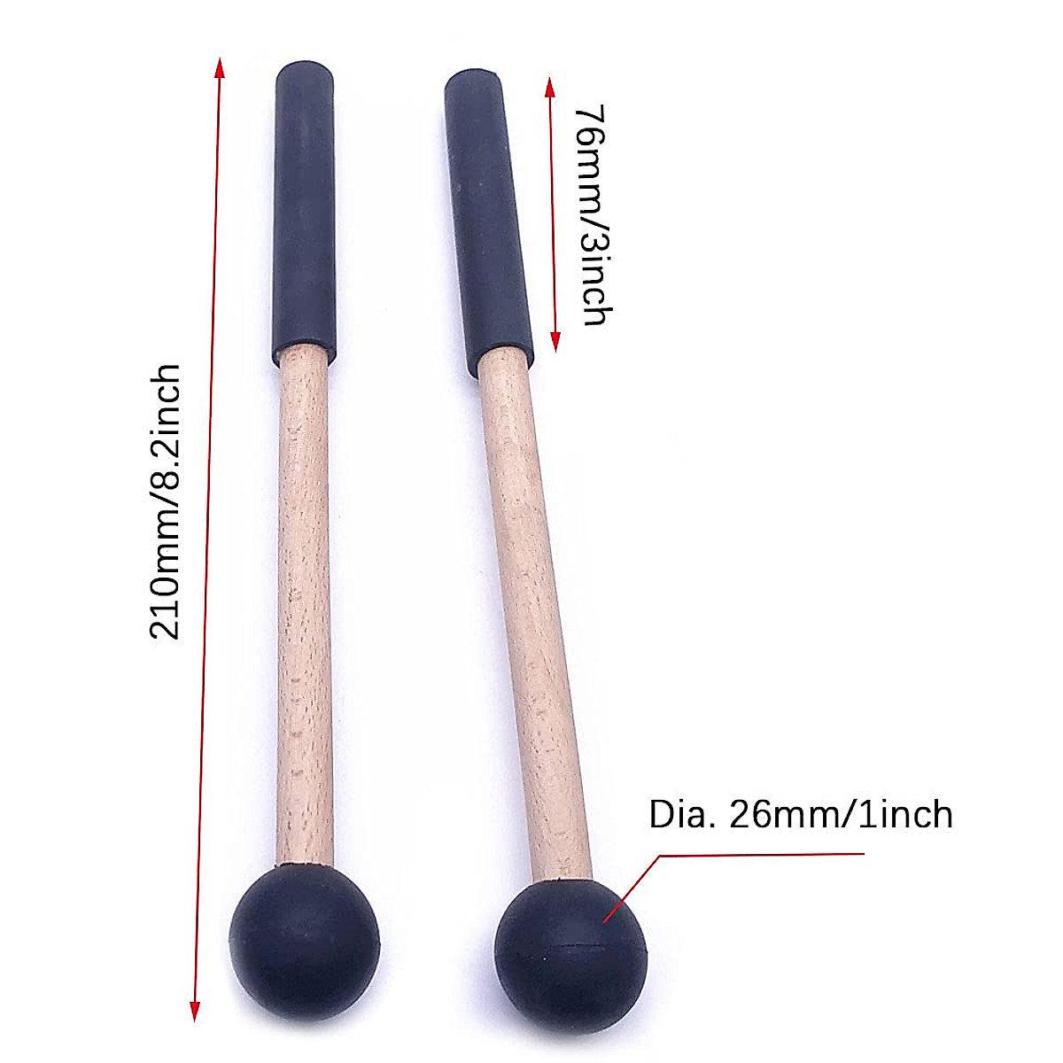 Jiayouy 8 Inch Rubber Head Percussion Mallets Sticks for Tongue Drum, Xylophone,Glockenspiel, Woodblock, Bell Pack of 2 Black