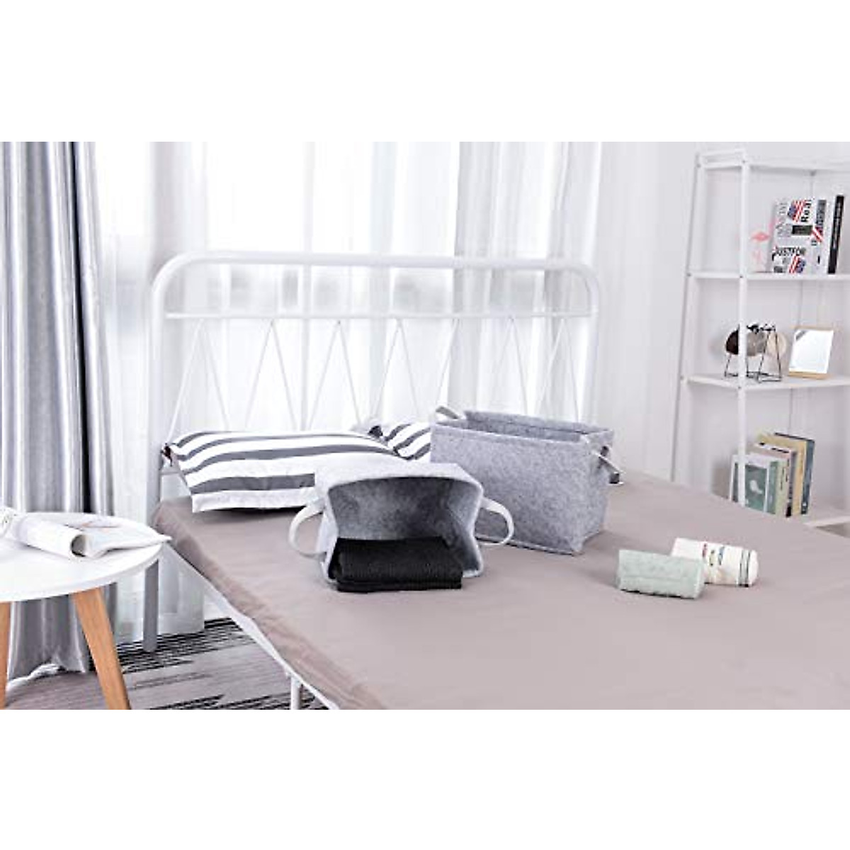 Rhyan Felt Storage Basket/Bin with PU Handles, Collapsible & Convenient Storage Solution for Office, Bedroom, Closet, Toys, Laundry(Light Gray)