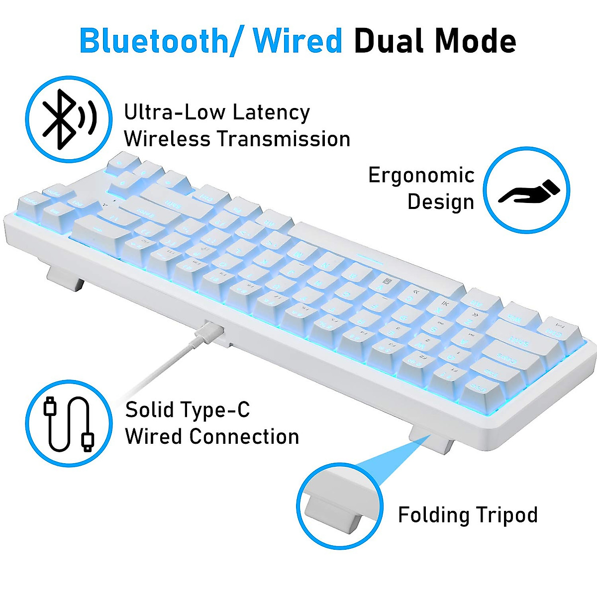 Wireless 60% Mechanical Gaming Keyboard,Ultra-Compact Blue Backlit keyboard Bluetooth 4.0 Tepy C Wired/Wireless Blue Switches Computer Keyboard for Multi-Device iPhone Android Mobile PC Laptop(White)