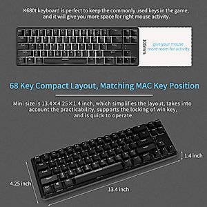 NACODEX K680T 60% Wireless/Wired Mechanical Keyboard - Compact 68 Keys 1000mAh Rechargeable Gaming/Office Keyboard Multi-Device for iOS Android Windows and Mac (Blue Switch White Backlit Black)