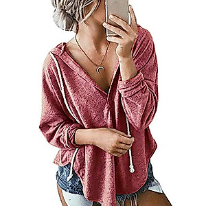 RANLUP Womens V Neck Long Sleeve Casual Loose Tshirts Plain Drawstring Sweatshirts Hoodies Tops Blouses Pink Red