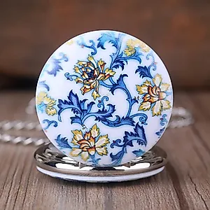 Whodoit Unique Design Blue and White Porcelain Flower Pocket Watches Roman Number Mechanical Pocket Watches