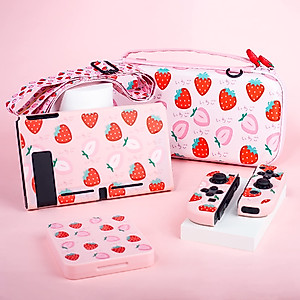 RHOTALL Cute Strawberry Carrying Case for Nintendo Switch, Hard Portable Travel Case for Switch Accessories with Protective Shell, Shoulder Strap, Game Card Case, Screen Protector and 2 Thumb Caps