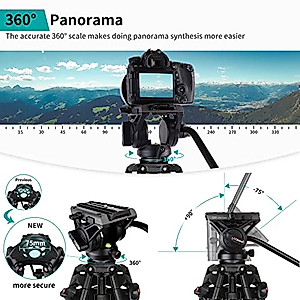 Video Tripod, COMAN KX3636 74 inch Professional Heavy Duty Aluminum Tripod with Quick Release Plate and 360 Degree Fluid Head for DSLR, Camcorder, Cameras Max Load:17.6lbs/8Kg