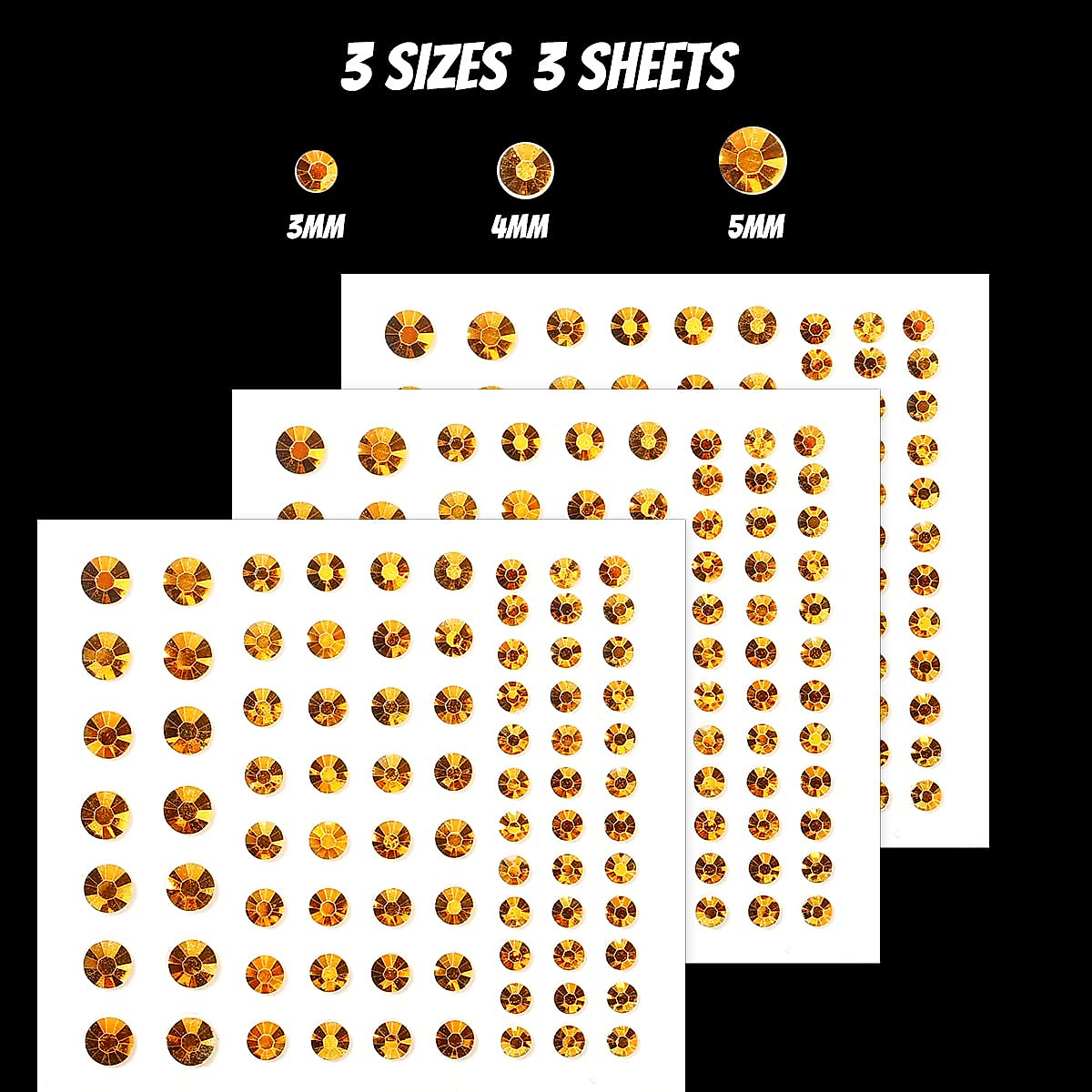 3 Sheets Eye Body Face Gems Jewels Rhinestone Stickers Temporary Tattoo Gems Self Adhesive Crystal Makeup Face Stick Gems for Festival Accessory and Nail Art Decorations(Gold)