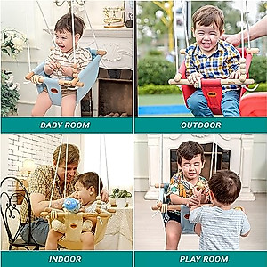 BBkids Indoor Baby Swing, Canvas Baby Swing, Wooden Hammock Hanging Swing Seat Chair with Safety Belt, Outdoor Kids Toddler Baby Tree Swing, Full Set of Ceiling Screws. (Cream)