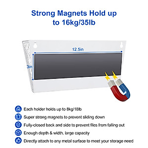 Magnetic File Holder for File Cabinets,1-Tier No Drilling Durable Magnetic Paper Holder, White Mesh Magnetic File Organizer for Refrigerator, Magazine Organizer, Writing Label Included (2 packs)