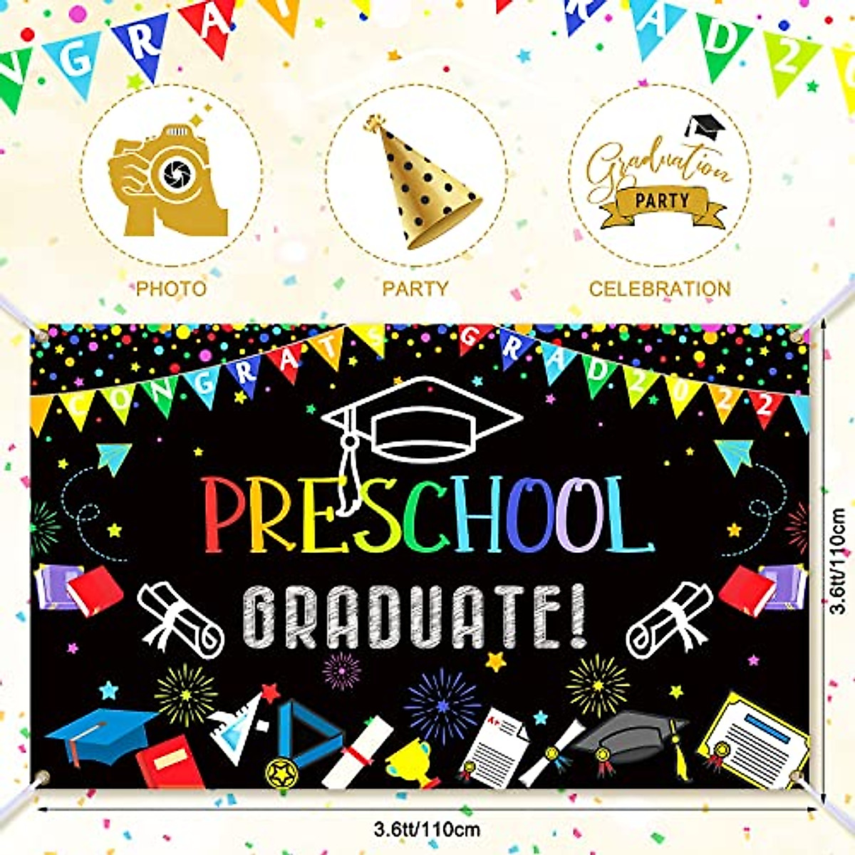 Preschool Graduate Backdrop 2023 School Prom Party Supplies Decoration Banner for Kids Preschool Graduation Decorations Prek Photo Backdrop Ceremony Congrats Grad Banner, 5.9 x 3.6 Ft